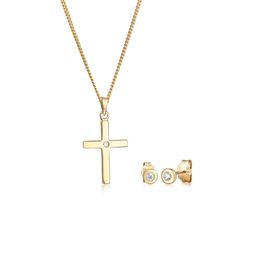 Ohrring und Ketten Set Elli DIAMONDS "Schmuckset Kette Stecker Kreuz Diamant (0.075 ct) 585 Gelbgold" Gr. 45, gold, Schmuck_Sets, Damen, Blacklist, Gelbgold 585, Ohrring und Ketten Set