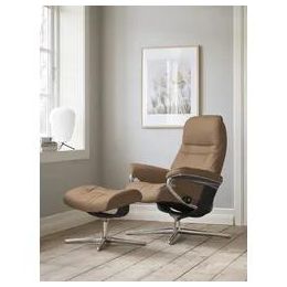 Relaxsessel stressless "Sunrise", braun (latte batick), B:79cm H:103cm T:73cm, Leder BATICK: BATICK ist ein leicht korrigiertes, durchgef&auml;rbtes und genarbtes M&ouml;belleder, bei dem die meisten Unebenheiten und Spuren in der Regel entfernt wurden., Sessel, Relaxsessel, mit Hocker, mit Cross Base, Gr&ouml;&szlig;e S, M & L, Holzakzent Schwarz