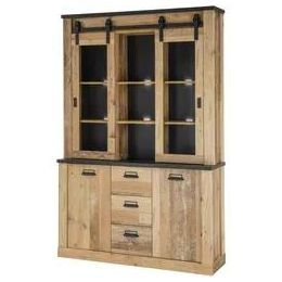 Buffet Home Affaire "SHERWOOD", braun (old style hell dekor), B:133cm H:201cm T:38cm, Schr&auml;nke, Buffet, Holz Dekor, mit Scheunentorbeschlag und Apothekergriffen, Breite 133cm