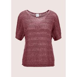 Madeleine Mode Longpullover MADELEINE "Pullover B&auml;ndchen-Pullover mit Glanz-Effekt", Damen, Gr. 34, lila (aubergine), Obermaterial: 55% Baumwolle CO. 45% Polyester PES., Modern, normal, Pullover Longpullover