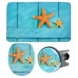 Badaccessoire-Set Sanilo "Sea Star", orange (orange, blau), Kunststoff, MDF, Polyester, Badaccessoires-Sets, bestehend aus WC-Sitz, Badteppich und Waschbeckenst&ouml;psel