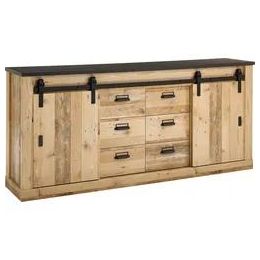 Sideboard Home Affaire "SHERWOOD", braun (old style hell dekor), B:201cm H:91cm T:43cm, Sideboards, Sideboard, modernes Holz Dekor, mit Scheunentorbeschlag aus Metall, Breite 201 cm, Topseller