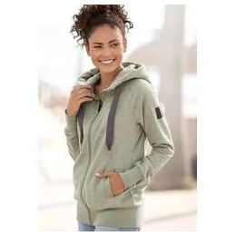 Kapuzensweatjacke ELBSAND "Kelina", Damen, Gr. L (40), gr&uuml;n (gr&uuml;n meliert), angeraute Sweatware, Obermaterial: 67% Baumwolle, 33% Polyester, meliert, figurumspielend h&uuml;ftlang, Raglan&auml;rmel,mit &Auml;rmeleinsatz Rippb&uuml;ndchen, Sweatjacken, mit Logostickerei auf der Kapuze, bequeme Freizeitjacke mit Taschen