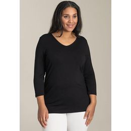 3/4-Arm-Shirt SANDGAARD, Damen, Gr. 36, schwarz, Jersey, Obermaterial: 95% Viskose, 5% Elasthan, Basic, figurbetont h&uuml;ftbedeckend, V-Ausschnitt, abgesteppt, Shirts 3/4-Arm-Shirt, mit 3/4-&Auml;rmeln