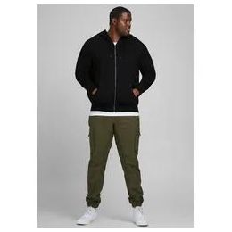 Jack & Jones PlusSize Kapuzensweatjacke "BASIC SWEAT ZIP HOOD", Herren, Gr. 6XL, schwarz, angeraute Sweatware, Obermaterial: 85% Baumwolle, 15% Polyester, JACK & JONES PLUSSIZE, unifarben, Basic, normal normal, ohne Ausschnitt, B&uuml;ndchen, Sweatjacken, bis Gr&ouml;&szlig;e 6XL