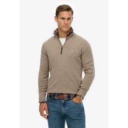 Troyer Superdry "ESSENTIALS COTTON HALF ZIP", Damen, Gr. L, husk braun marl, Strick, Obermaterial: 100% Baumwolle, meliert, slim fit normal, ohne Ausschnitt, Rippb&uuml;ndchen, Pullover Troyer