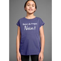 T-Shirt Kidsworld "Bevor Du fragst: NEIN", M&auml;dchen, Gr. 152/158, blau, Single Jersey, Obermaterial: 100% Baumwolle, bedruckt, weit h&uuml;ftbedeckend, Rundhals, Aufschlag, Shirts T-Shirt, Kurzarm, mit Print, Rundhalsausschnitt