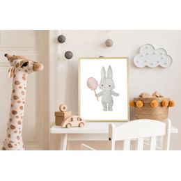 Bild mit Rahmen queence "Hase mit Zuckerwatte", grau (farbe rahmen: natur, braun, beige, farbe bild(er): grau), B:50cm H:70cm T:1,5cm, Holz, Plexiglas, Bilder, Bild mit Rahmen, HD Premium Posterdruck mit Echtholzrahmen
