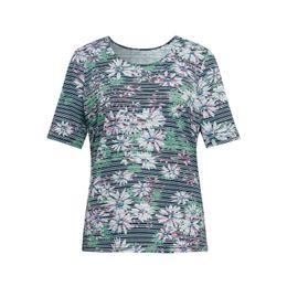 Print-Shirt GOLDNER "Bequemes Druckshirt in Blumen-Ringeloptik", Damen, Gr. 48, blau (dunkelmarine, mint, gemustert), Obermaterial: 50% Viskose CV. 45% Polyester PES. 5% Elasthan EL., Tubular, Shirts Print-Shirt, Vielseitig kombinierbar