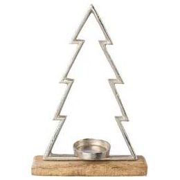 Teelichthalter CREATIV DECO "Weihnachtsdeko", silber (silberfarben, natur), B:23cm H:34cm T:8cm, Aluminium, Holz teilmassiv, Kerzenhalter, Teelichthalter, auf hochwertiger Mangoholzplatte, in Tannenbaum-Form, H&ouml;he ca. 34 cm