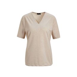 Kurzarmshirt GOLDNER "Braunes Halbarm-Shirt mit Glanzeffekt", Damen, Gr. 46, beige, Obermaterial: 75% Viskose CV. 20% metallisierte Fasern MTF. 5% Elasthan EL., normal, Gerade, Shirts Kurzarmshirt, Glanzgarn