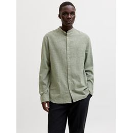 Jack & Jones Langarmhemd JACK & JONES "JJESUMMER LINEN BLEND BAND SHIRT L/S SN", Damen, Gr. XS, N-Gr, new sage, Web, Obermaterial: 70% Baumwolle, 30% Leinen, unifarben, regular fit normal, 1-Knopf-Manschette, Hemden Langarmhemd, Baumwollmischung, regular fit