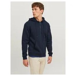 Jack & Jones Kapuzensweatjacke JACK & JONES "JJEBRADLEY mit Kapuze, ideal f&uuml;r kalte Jahreszeit", Damen, Gr. L, blau (navy blazer), angeraute Sweatware, Obermaterial: 61% Polyester, 39% Baumwolle, unifarben, relaxed fit normal, ohne Ausschnitt, Rippb&uuml;ndchen, Sweatjacken, Materialmix, relaxed fit