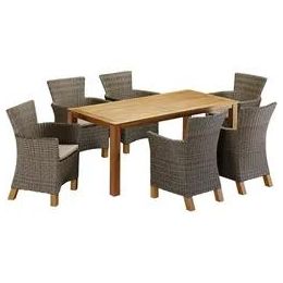 Garten-Essgruppe Merxx "Toskana", braun (hellbraun), Polyrattan, Sitzm&ouml;bel-Sets, 6 Sessel, Tisch 185x90cm, Polyrattan/Akazie