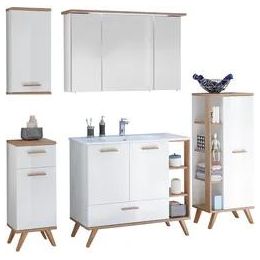 Badm&ouml;bel-Set SAPHIR "Quickset Mineralmarmor-Waschtisch mit LED-Spiegelschrank", wei&szlig; (front wei&szlig; glanz, front wei&szlig; glanz, riviera eiche quer nb), B:201cm T:46cm, Glas, Holzwerkstoff, Kastenm&ouml;bel-Sets, Badm&ouml;bel-Set, Unterschrank, H&auml;ngeschrank, Midischrank, 8 T&uuml;ren, 2 Schubladen