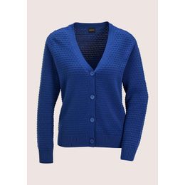 Madeleine Mode Strickjacke MADELEINE "Strickjacke Eleganter Cardigan mit V-Ausschnitt", Damen, Gr. 40/42, blau (royalblau), Obermaterial: 100% Baumwolle CO., Modern, Strickjacken Strickjacke, Strukturstrick