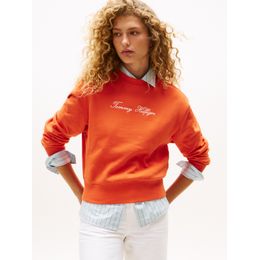 Sweatshirt Tommy Hilfiger "SCRIPT REG PIQUE SWTSHRT", Damen, Gr. M (38), brilliant orange, Sweatware, Obermaterial: 85% Baumwolle, 15% Polyamid, unifarben, regular fit normal, Rundhals, Sweatshirts Sweatshirt, mit Tommy Hilfiger Script Logo-Schriftzug