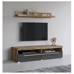 Lowboard OTTO HOME "Roger,Breite 140 cm, stilvolle TV-Kommode, inclusive Wandboard", braun (satin nussbaumfarben, schwarzwood), B:140cm H:35cm, FSC-zertifizierter Holzwerkstoff, Sideboards, Lowboard, TV-Schrank mit viel Stauraum, TV-Board, 2 Klappen