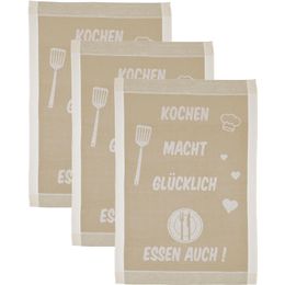 Geschirrtuch Ross "Kochen macht gl&uuml;cklich... Essen auch", beige (natur, sand), B:50cm L:70cm, 100% Baumwolle, Geschirrt&uuml;cher, Geschirrtuch, Spr&uuml;chetuch, aus 100% Baumwolle