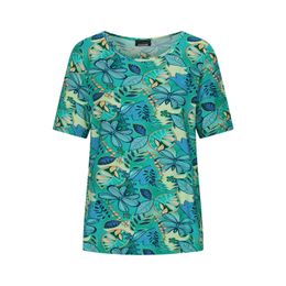 Kurzarmshirt GOLDNER "Kurzgr&ouml;&szlig;e Cityshirt mit floralem Print", Damen, Gr. 21, blau (salbei, blau, gemustert), Obermaterial: 95% Viskose CV. 5% Elasthan EL., gerade, Shirts Kurzarmshirt, stretchbequemer Viskosejersey