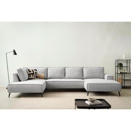 Wohnlandschaft Home Affaire "Tvinnu, moderne U-Form, Couch in Cord oder Webstoff in Leinenoptik", hellgrau, B:354cm H:83cm T:193cm, Sofas, Wohnlandschaft, Recamiere rechts/links, schwarze Metallf&uuml;&szlig;e, bequeme Sitz-/Liegefl&auml;che