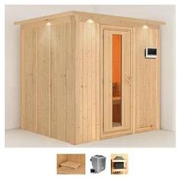 Sauna Karibu "Sodin", beige (naturbelassen), Bio-Kombiofen, externe Steuerung, 9 kW, Saunen, Ofen 9 kW Bio externe Strg easy