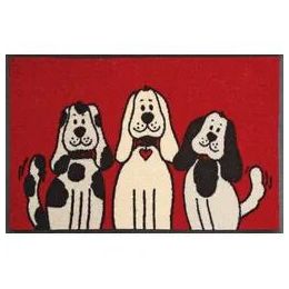Fu&szlig;matte "Three Dogs" Gr. 2, rot (rot, beige), B:50cm H:9mm L:75cm, Kunstfaser, wash+dry BY KLEEN-TEX, Teppiche, Fu&szlig;matte, Schmutzfangmatte, Motiv Hunde, rutschhemmend, waschbar