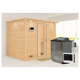 Sauna Karibu "Soraja", beige (naturbelassen), Bio-Kombiofen, externe Steuerung, 9 kW, Saunen, Ofen 9 kW Bio externe Strg easy