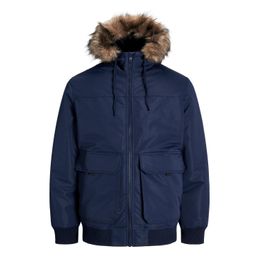 Jack & Jones Bomberjacke JACK & JONES "JJCONSTRUCT FAUX FUR BOMBER", Herren, Gr. XS, blau (navy blazer), Web, Obermaterial: 100% Polyester, unifarben, normal, Rippb&uuml;ndchen, Jacken Bomberjacke, Kapuze mit abnehmbarem Kunstfell-Rand