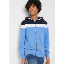 Kapuzensweatjacke bonprix, Jungen, Gr. 140/146, dunkelblau, wollwei&szlig;, mittelblau, Sweatware, Obermaterial: 60% Baumwolle, 40% Polyester. Kapuzenfutter: 60% Baumwolle, 40% Polyester, Basic h&uuml;ftbedeckend, Rundhals, Rippb&uuml;ndchen, Sweatjacken, mit Kapuze, f&uuml;r Fr&uuml;hling und Sommer, Langarm