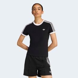 T-Shirt adidas originals "3-STREIFEN SCHMAL GESCHNITTEN", Damen, Gr. XS, schwarz, wei&szlig;, Obermaterial: 93% Baumwolle, 7% Elasthan, Rundhals, Shirts T-Shirt, sanft anliegende Passform, ohne Verschluss, f&uuml;r sportlichen Look