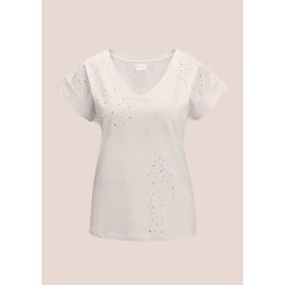 Madeleine Mode Kurzarmshirt MADELEINE "Glitzer-Shirt Sommerliches Jerseyshirt mit V-Ausschnitt", Damen, Gr. 38, wei&szlig; (perlwei&szlig;), Obermaterial: 95% Baumwolle CO. 5% Elasthan EL., Modern, normal, Shirts Kurzarmshirt
