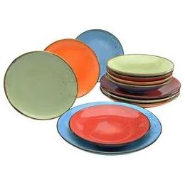 Tafelservice Creatable "Geschirr-Set NATURE COLLECTION Mediterran", bunt (orange, blau, gr&uuml;n, feuerrot), 12 Stk., Steinzeug, Geschirr-Sets, Tafelservice, Teller Set, Service, 12 Teile, f&uuml;r 4 Personen