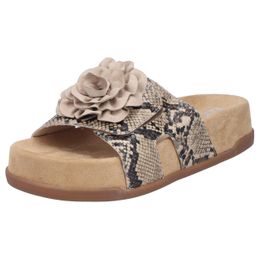 Rieker Damen Pantolette, Gr. 39beige, kombiniert, Lederimitat, Reptilienpr&auml;gung, Schuhe, Sommerschuh, Urlaubsschuh, Strandschuh mit Bl&uuml;te