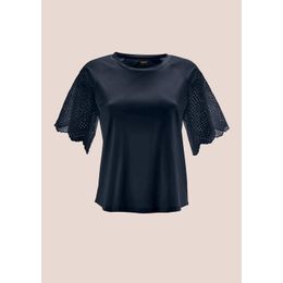 Madeleine Mode Shirtbluse MADELEINE "Blusenshirt Kurzes Blusen-Shirt im Material-Mix", Damen, Gr. 40, blau (marine), Obermaterial: 95% Baumwolle CO. 5% Elasthan EL., Modern, normal, Blusen Shirtbluse