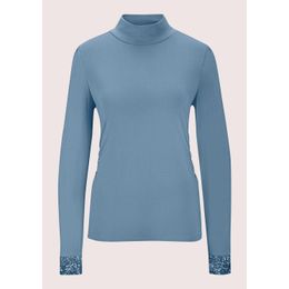 Madeleine Mode Langarmshirt MADELEINE "Shirt Elegantes Langarmshirt mit Stehkragen", Damen, Gr. 44, blau (rauchblau), Obermaterial: 92% Modal CMD. 8% Elasthan EL., Modern, normal, Shirts Langarmshirt, Shirt mit seitlicher Raffung und Palletten am Armabschluss