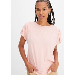 T-Shirt bonprix, Damen, Gr. 36/38 (S), bonbonrosa, Jersey, Obermaterial: 95% Viskose, 5% Elasthan, unifarben, oversize h&uuml;ftlang, Rundhals, Shirts T-Shirt, Oversize-Passform, Kurzarm, mit Raffung an der Schulter