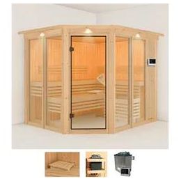 Sauna Karibu "Anike 3", beige (naturbelassen), Saunaofen, externe Steuerung, 9 kW, Saunen, 9-kW-Ofen mit externer Steuerung