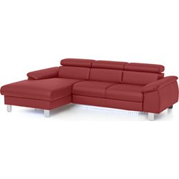 Ecksofa COTTA "Komaris L-Form, B: 244 cm", rot, B:244cm H:72cm T:166cm, Microfaser PRIMABELLE (100% Polyester);Kunstleder SOFTLUX(100%Polyurethan);Feinstruktur (100% Polyester);Kunstleder SOFTLUX/Struktur (100%Polyurethan, 90%Polyester, 10% Polyacryl), Sofas, Ecksofa, mit Kopfteilverstellung, optional Bettfunktion, Bettkasten & Licht