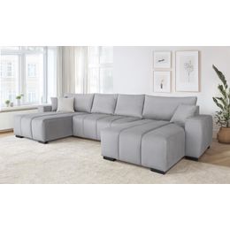 Wohnlandschaft Home Affaire "U-Form Bello", silbergrau, B:347cm, 100% Polyester, Sofas, Wohnlandschaft, mit Bettfunktion, Bettkasten Frei im Raum stellbar und Federkern