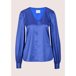 Madeleine Mode Langarmbluse MADELEINE "Satinbluse Blusenshirt mit schimmerndem Glanz", Damen, Gr. 36, blau (azurblau), Obermaterial: 100% Polyester PES., Modern, gerade, V-Ausschnitt, Blusen, Markante Mittelnaht