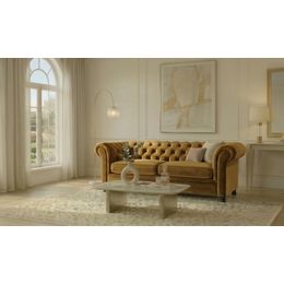 3-Sitzer Home Affaire "BRONNOY Chesterfield Sofa mit aufwendiger Knopfheftung, Breite 193 cm", gold, B:193cm H:75cm T:90cm, 100% Polyester, Sofas, 3-Sitzer, Sofa mit geschwungenen Armlehnen, Chesterfield-Optik, Glamour