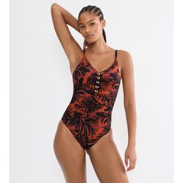 Badeanzug Triumph "Summer Palm OP 01", Damen, Gr. 38, Cup B, braun (braun, schwarz combination), Microfaser, Obermaterial: 55% Polyamid, 45% Elasthan, Badeanz&uuml;ge Badeanzug, weich und formend