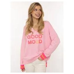 Sweatshirt Zwillingsherz "Dana", Damen, Gr. S/M, rosa, Sweatware, Obermaterial: 50% Baumwolle, 50% Polyester, unifarben mit Farbeins&auml;tzen, normal h&uuml;ftlang, V-Ausschnitt, Sweatshirts Sweatshirt, Neon-B&uuml;ndchen, V-Ausschnitt, Langarm, Front-Stickerei