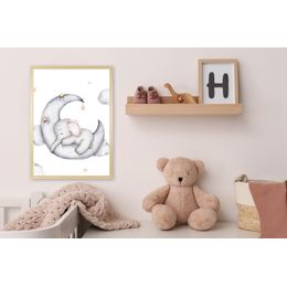 Bild mit Rahmen queence "Elefant auf Halbmond", grau (farbe rahmen: natur, braun, beige, farbe bild(er): grau), B:50cm H:70cm T:1,5cm, Holz, Plexiglas, Bilder, Bild mit Rahmen, HD Premium Posterdruck mit Echtholzrahmen