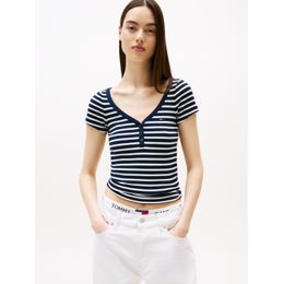 Kurzarmshirt Tommy Jeans "TJW SLIM HENLEY WAFFLE SS", Damen, Gr. L (40), blau (schwarz night navy, stripe), Single Jersey, Obermaterial: 58% Baumwolle, 39% Polyester, 3% Elasthan, gestreift, figurbetont normal, V-Ausschnitt, Shirts Kurzarmshirt