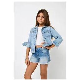 Jeansjacke KIDS Only "KONSARA", M&auml;dchen, Gr. 128, blau (light blau denim), Denim/Jeans, Obermaterial: 79% Baumwolle, 20% Polyester, 1% Elasthan, unifarben, regular fit taillenbedeckt, Manschette, Jacken Jeansjacke, in klassischer, leicht verk&uuml;rzter Form