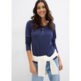 Langarmshirt bonprix, Damen, Gr. 44/46 (L), dunkelblau, Jersey, Obermaterial: 100% Baumwolle, unifarben, slim fit h&uuml;ftbedeckend, Rundhals, Shirts Langarmshirt, k&ouml;rperbetonte Passform, Langarm, mit kurzer Knopfleiste im Henley-Stil