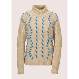Madeleine Mode Longpullover MADELEINE "Strickpullover Modischer Grobstrickpullover mit Folklore-Elementen", Damen, Gr. 44/46, beige (caramel, melange, bleu), Obermaterial: 40% Polyacryl PAN. 30% Alpaka WP. 30% Polyamid PA., Modern, Pullover Longpullover, Mit Zopf- und Rhomben-Muster