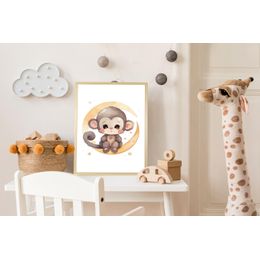 Bild mit Rahmen queence "Affe auf Halbmond", braun (farbe rahmen: natur, braun, beige, farbe bild(er): braun), B:50cm H:70cm T:1,5cm, Holz, Plexiglas, Bilder, Bild mit Rahmen, HD Premium Posterdruck mit Echtholzrahmen